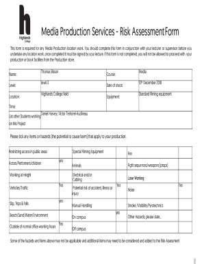 Fillable Online Media Production Services - Risk Assessment Form Fax ...