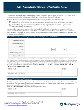 Fillable Online ACH Authorization/Signature Verification FormNueSynergy ...
