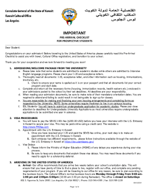 Fillable Online Pre-Arrival Checklist (On-Campus) - American English ...