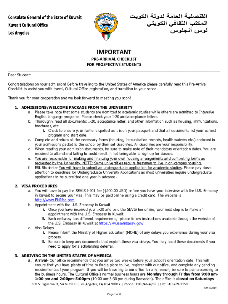 Fillable Online Pre-Arrival Checklist (On-Campus) - American English ...