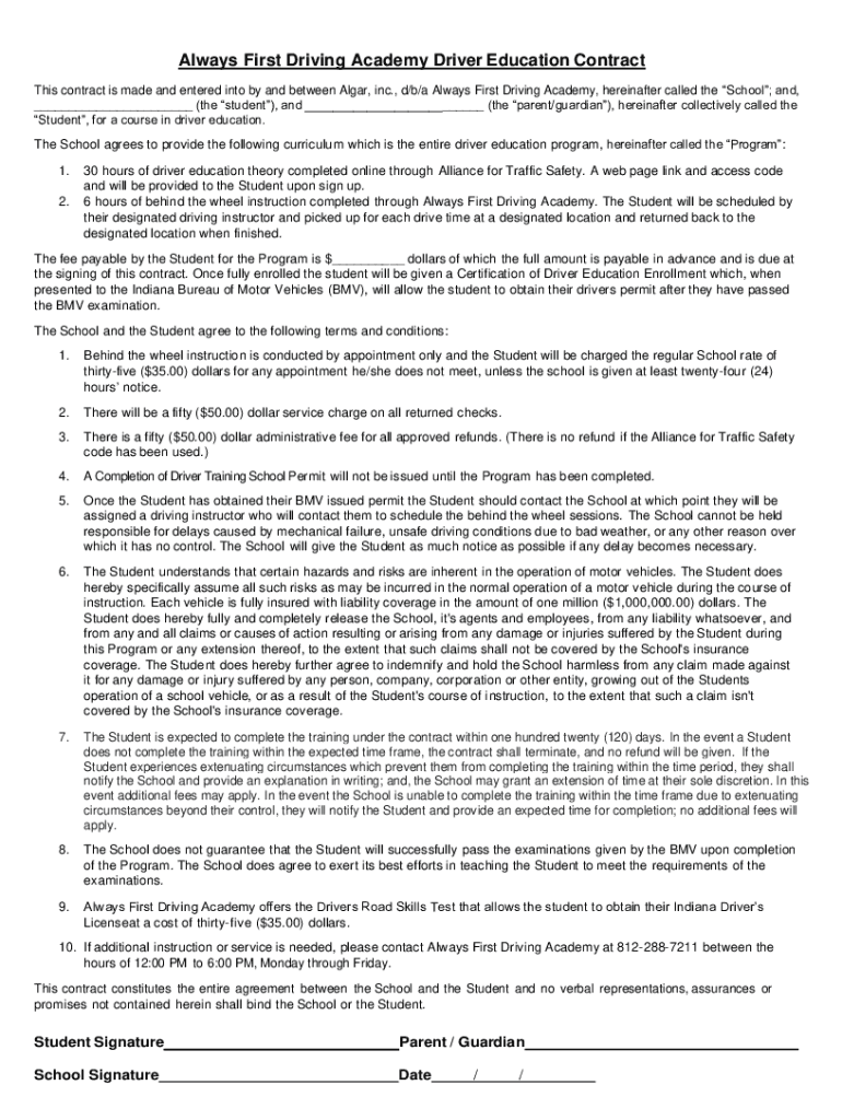 Fillable Online agreement for third party driver education services Fax ...