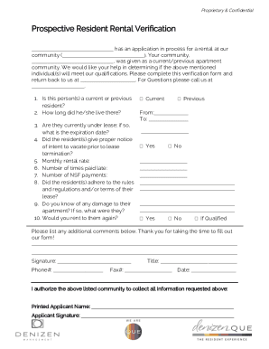 Fillable Online Prospective Resident Rental VerificationDenizen ...
