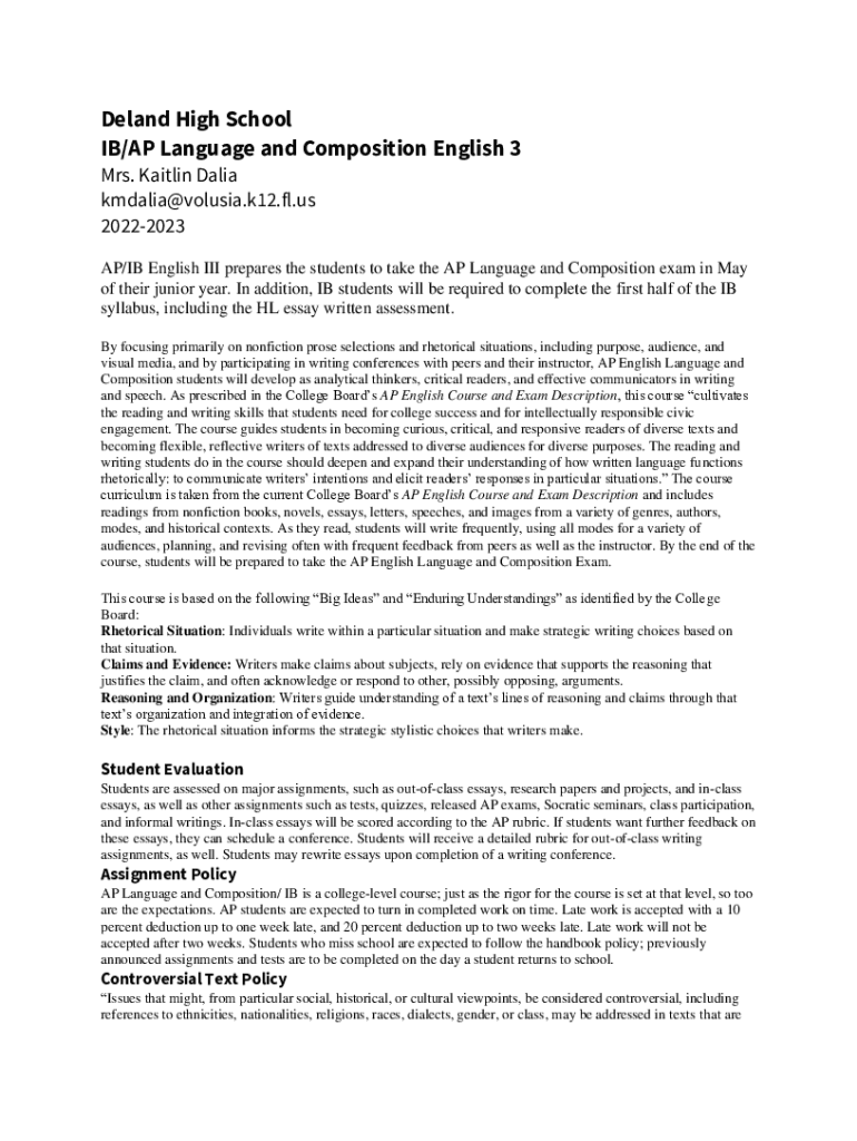 Fillable Online Deland High School IB/AP Language and Composition ... Fax Email Print - pdfFiller