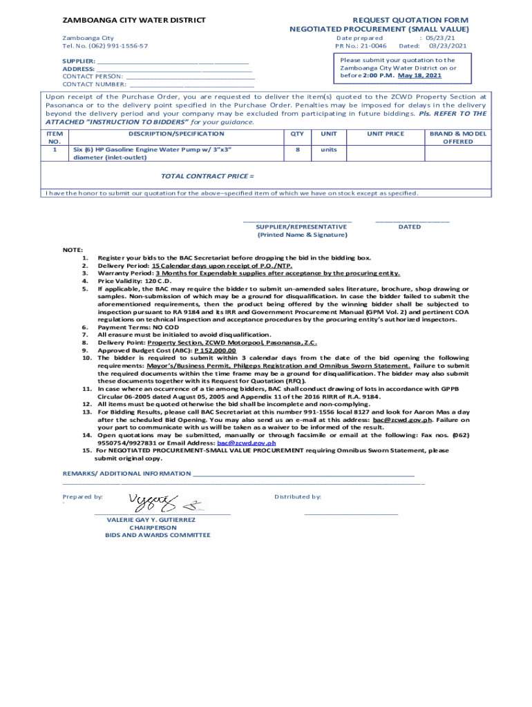 Fillable Online zcwd gov Request QUOTATION FORM NEGOTIATED PROCUREMENT ...