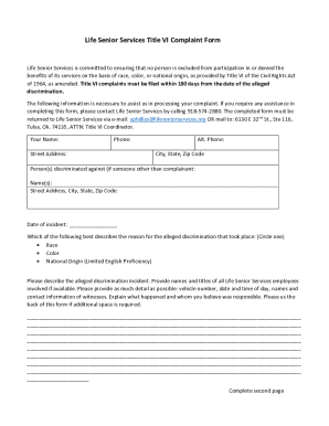 Fillable Online Life Senior Services Title VI Complaint Form Fax Email ...