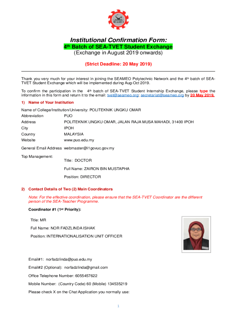 Fillable Online Institutional Confirmation Form: - Batch of SEA-TVET Student ... Fax Email Print ...