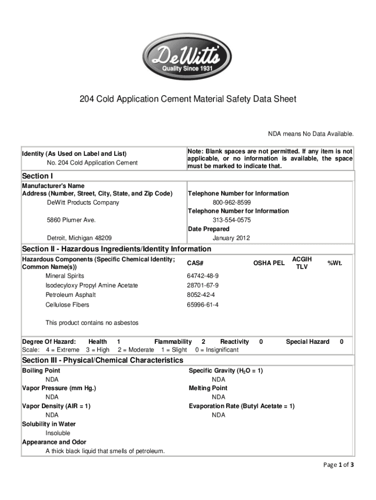 Fillable Online 204 Cold Application Cement Material Safety Data Sheet ...