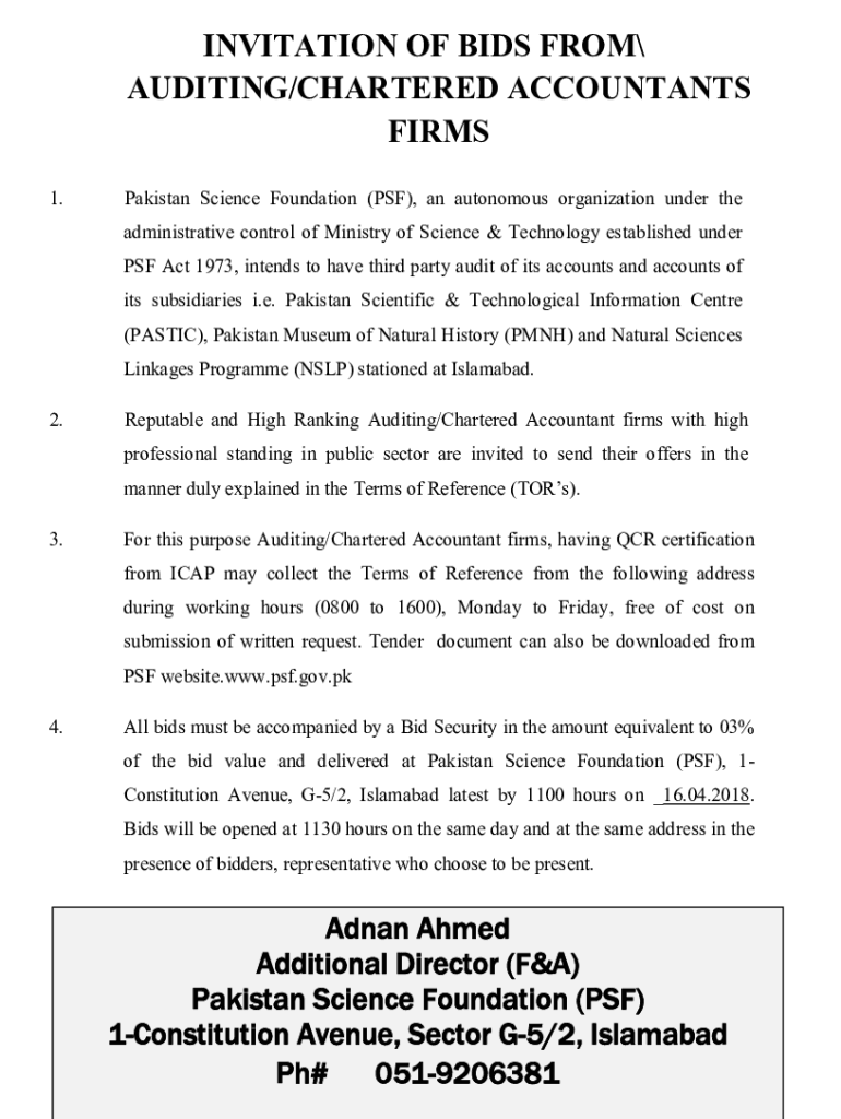 Fillable Online invitation of bids from auditing/chartered accountants ...