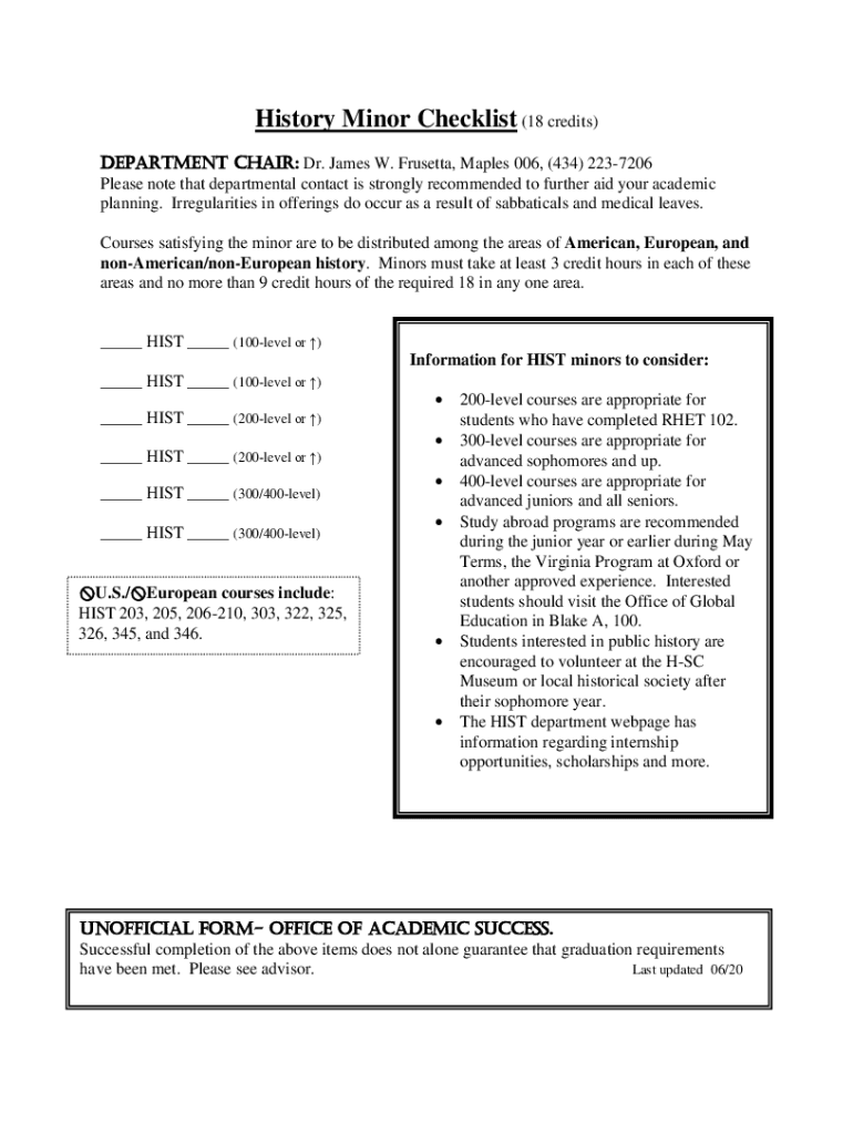 Fillable Online History Minor Checklist(18 credits) Fax Email Print - pdfFiller