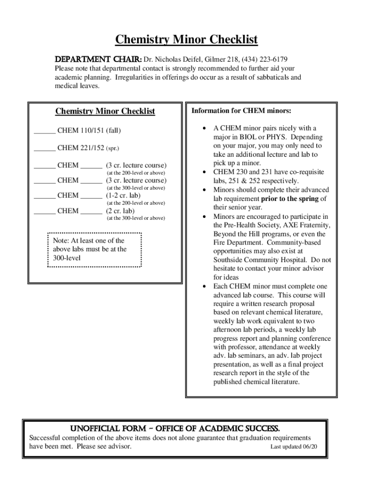 Fillable Online Chemistry Minor Checklist Fax Email Print - pdfFiller