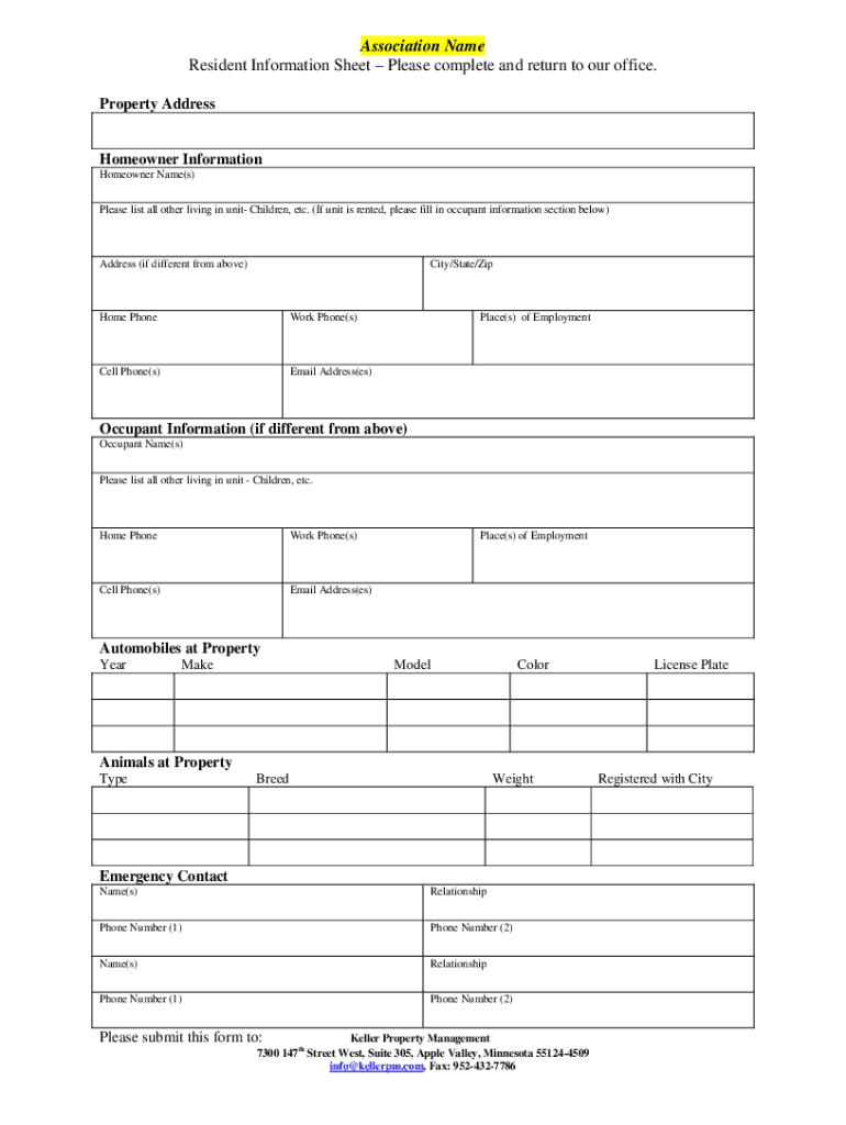 Fillable Online Association Name Resident Information SheetPlease ...