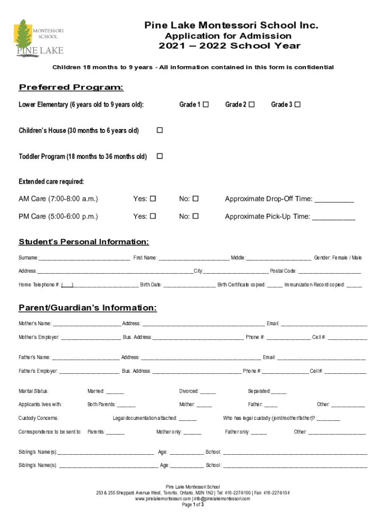 Fillable Online 2021-2022 Re-enrolment Form - Pine Lake Montessori ...