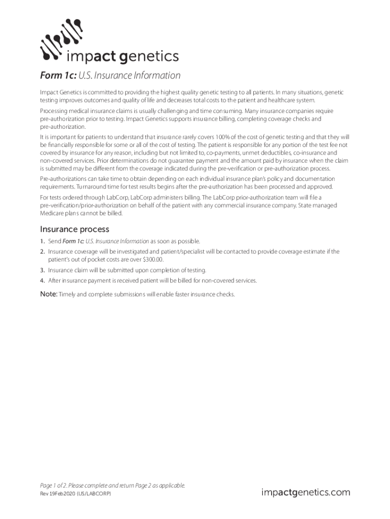 Fillable Online Form 1c: U.S. Insurance Information - Impact Genetics ...