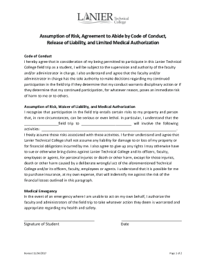 Fillable Online Assumption of Risk, Agreement to Abide by Code of ...