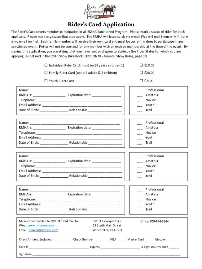 Fillable Online RidER'S cARd APPlicAtiON - Rocky Mountain Horse ...