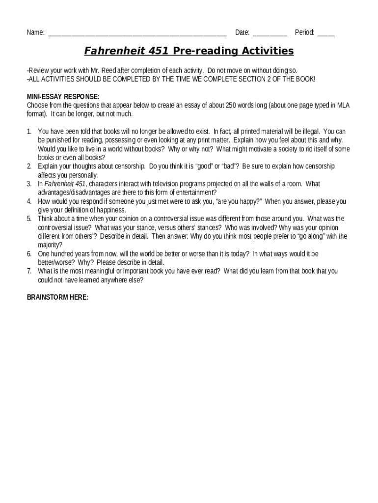 Fahrenheit 451 Complete No-Prep Unit Intro Questions ... Doc Template ...