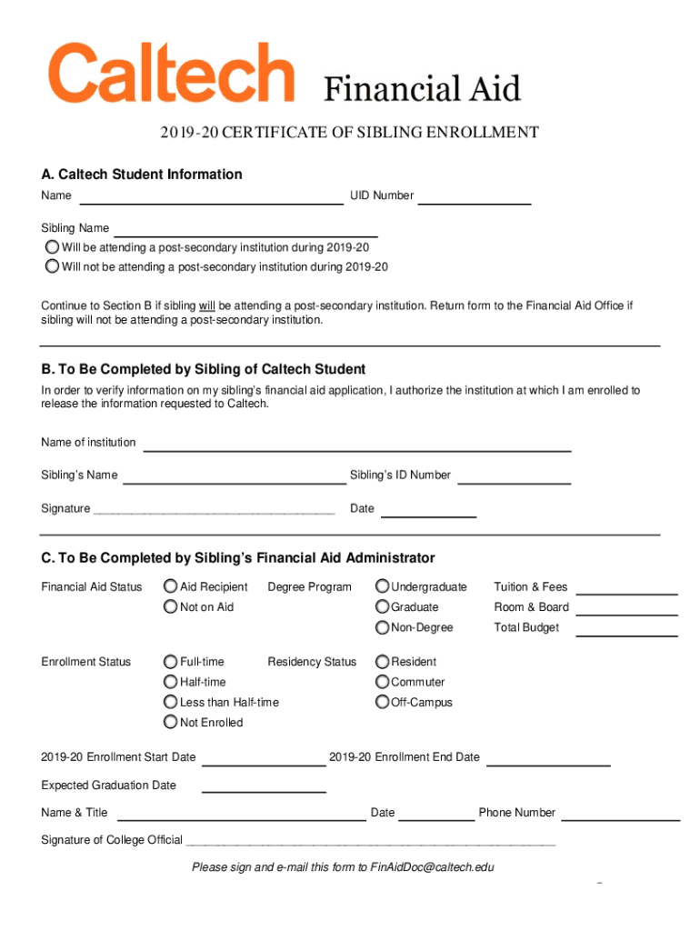 Fillable Online Certificate of Sibling Enrollment - Caltech - Financial ...