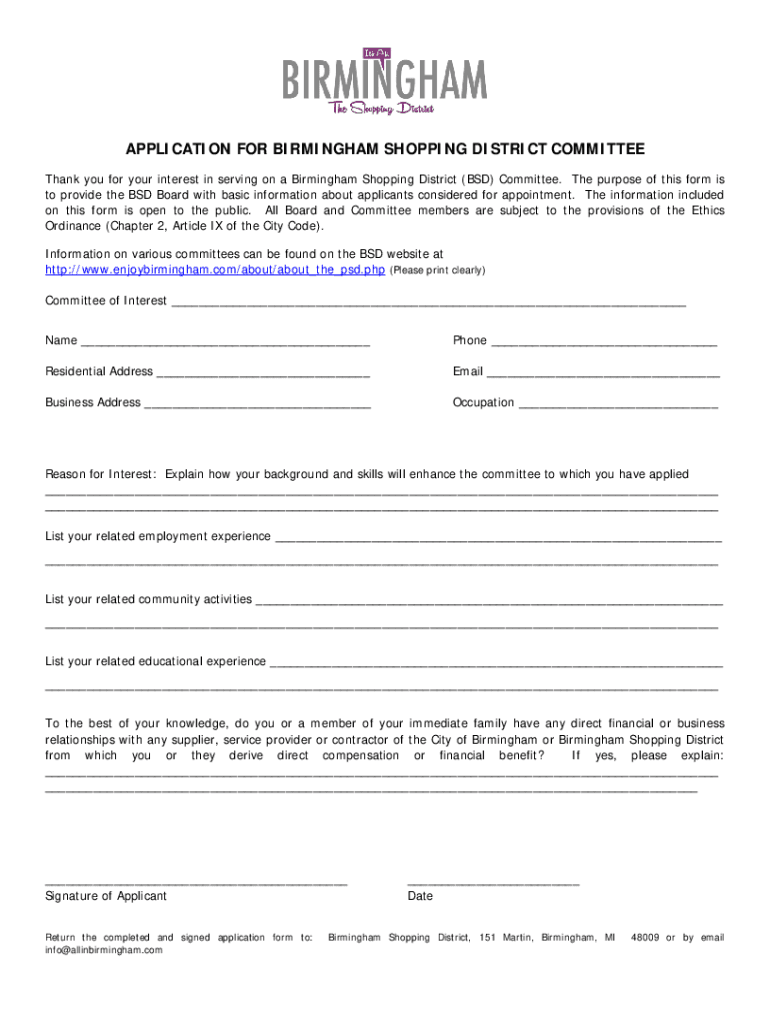 Fillable Online APPLICATION FOR BIRMINGHAM SHOPPING DISTRICT ... Fax Email Print - pdfFiller