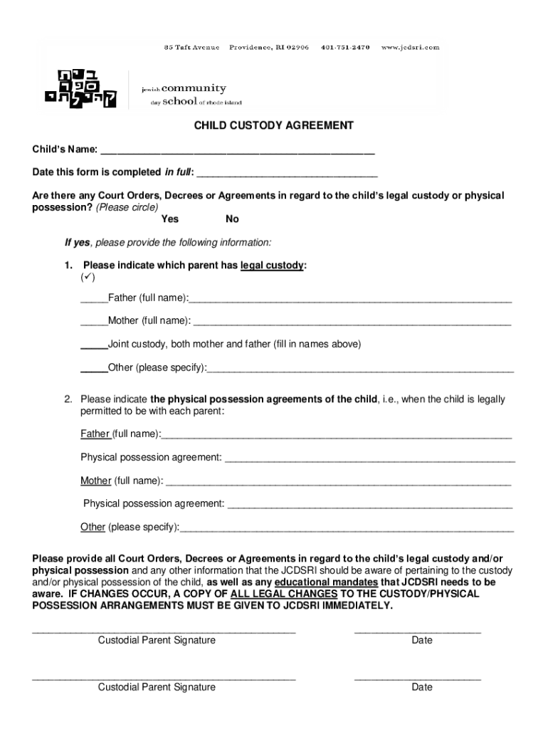 Fillable Online CHILD CUSTODY AGREEMENT Fax Email Print - pdfFiller
