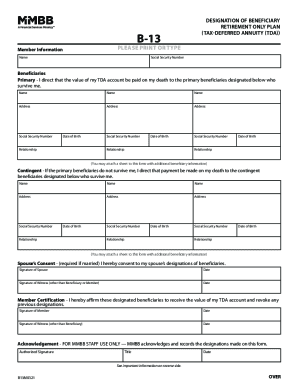 Fillable Online B-13 Designation of Beneficiary Retirement Only Plan ...