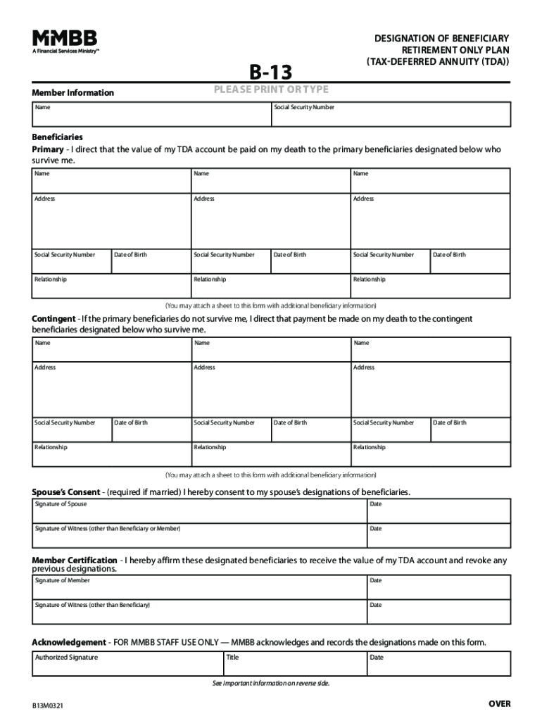 Fillable Online B-13 Designation of Beneficiary Retirement Only Plan ...