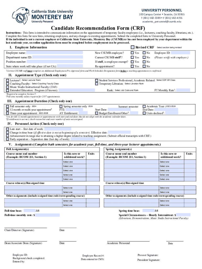 Fillable Online Candidate Recommendation Form (CRF) Fax Email Print ...