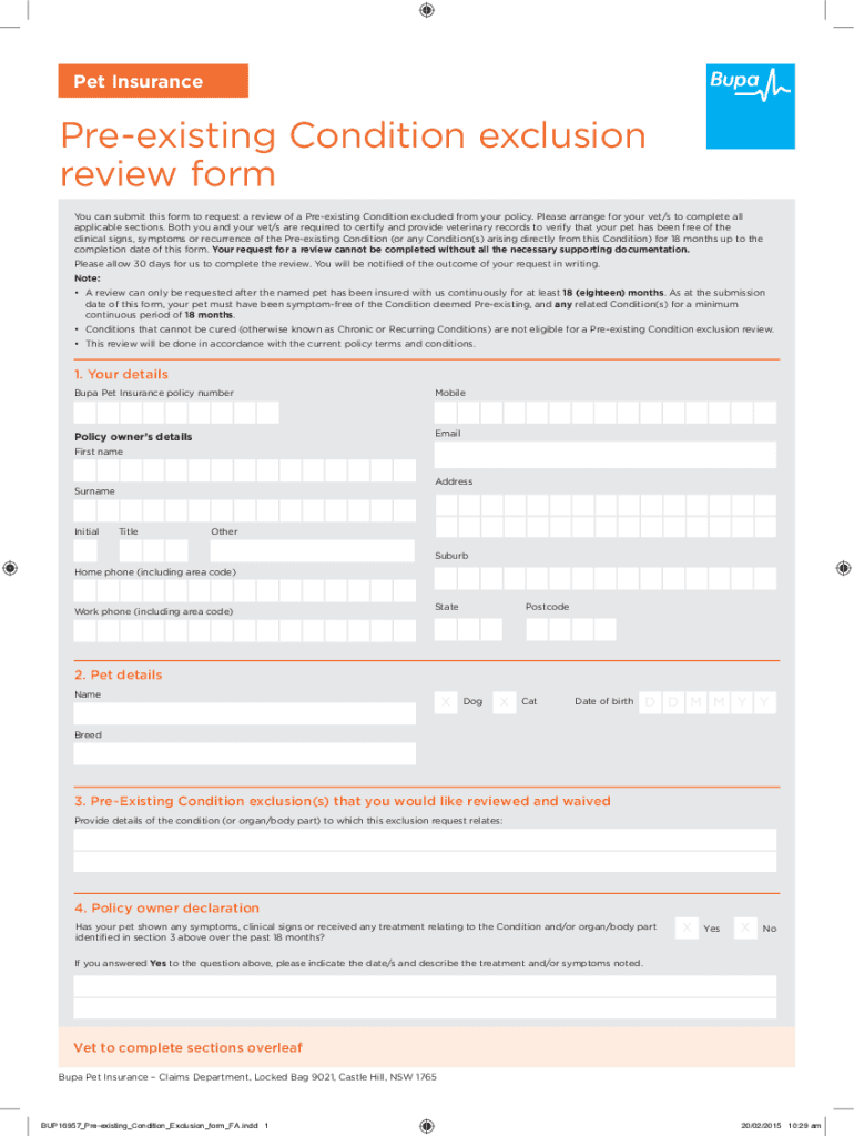 Fillable Online HIF Pet Insurance Pre-existing condition exclusion ...