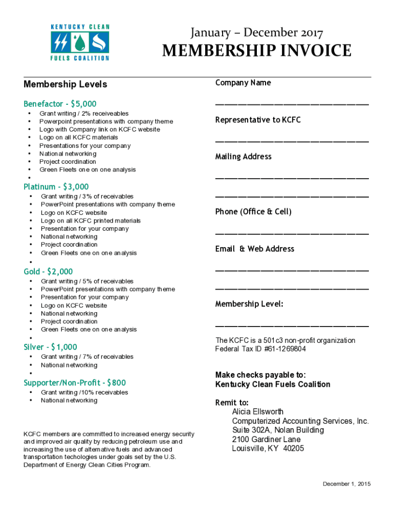 Fillable Online MEMBERSHIP INVOICE - Kentucky Clean Fuels Coalition Fax ...