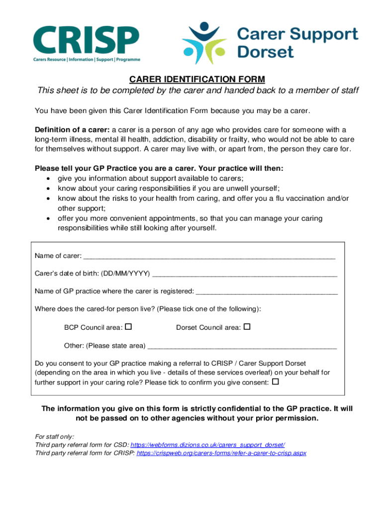 Fillable Online Carer's Identification Form - Pleasley Surgery Fax Email Print - pdfFiller
