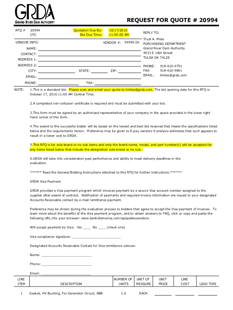 Fillable Online request for quote # 20994grda Fax Email Print - pdfFiller