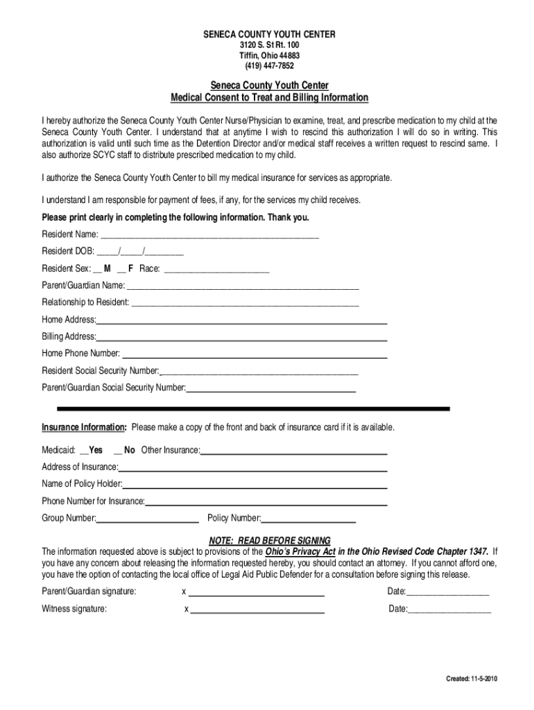 Fillable Online Seneca County Youth Center Medical Consent to Treat and ...