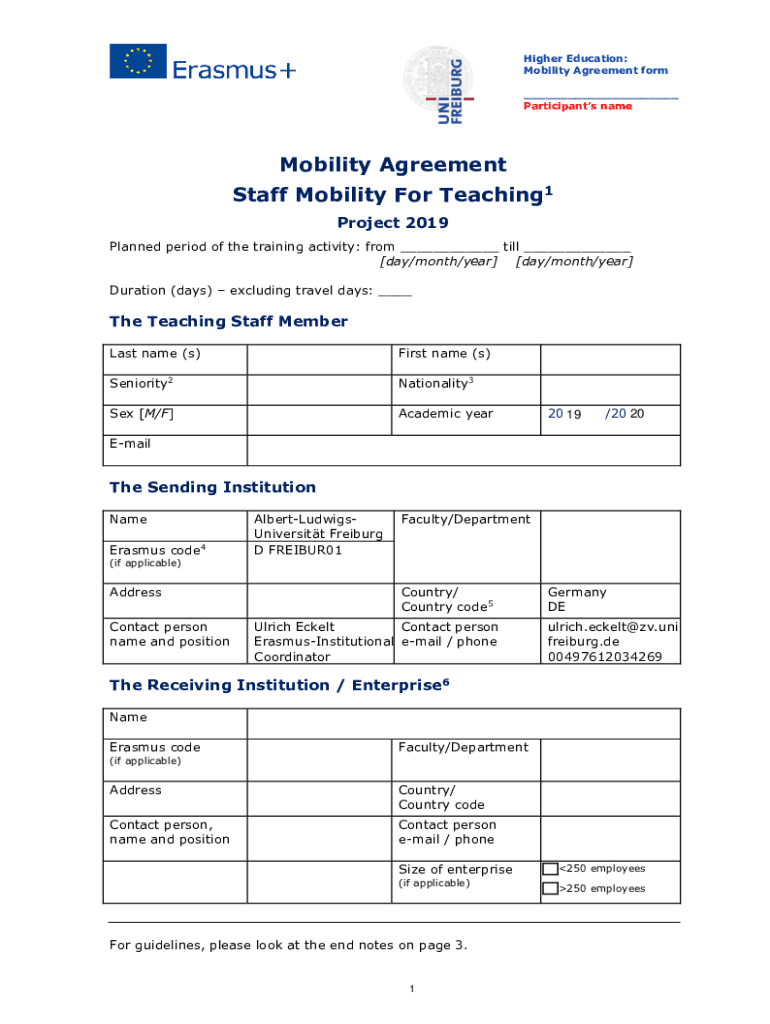 Fillable Online Mobility Agreement Staff Mobility For Teaching1 ...