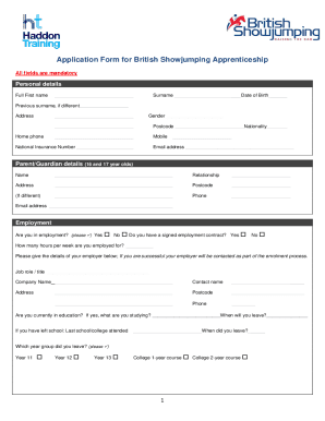 Fillable Online Application Form for British Showjumping Apprenticeship ...