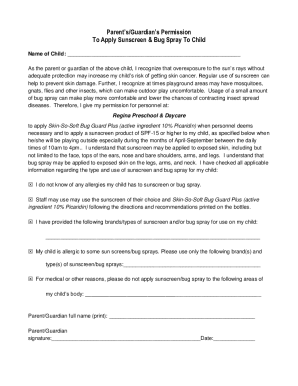 Fillable Online Parents/Guardians Permission To Apply Bug Spray To ...