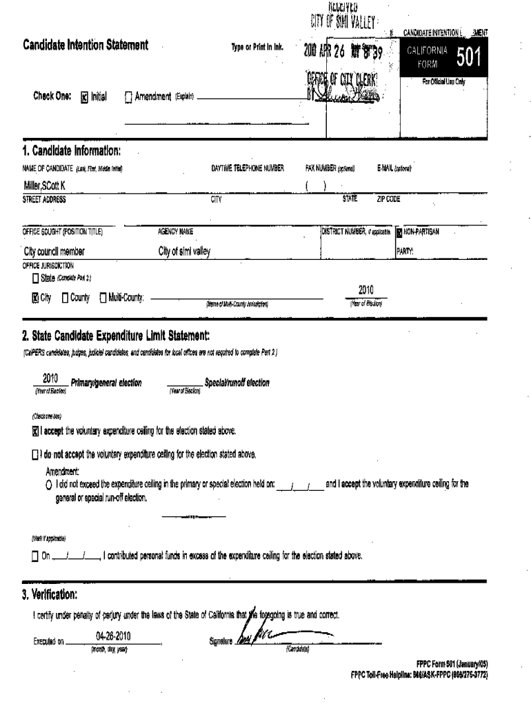 Fillable Online Form 501 for Scott K. Miller (Candidate Intention ...