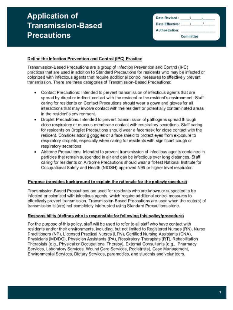 Fillable Online Application of Transmission-Based Precautions Fax Email ...