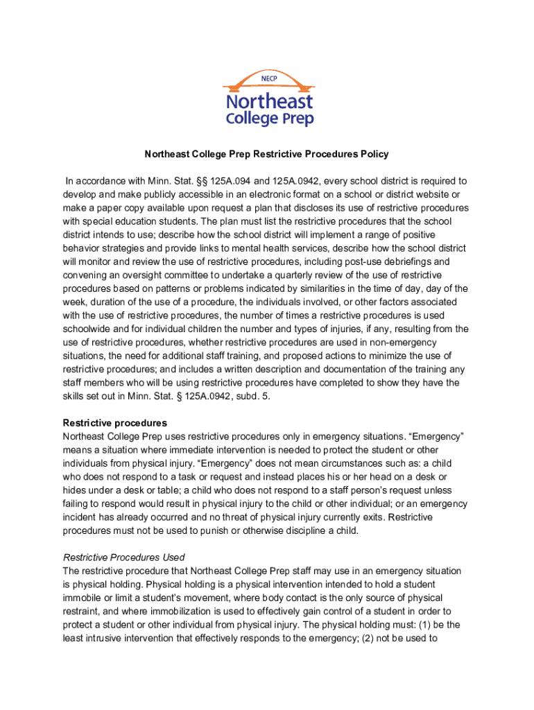 Fillable Online Restrictive Procedures Plan In accordance with ...