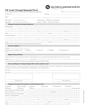 Fillable Online CIF Level Change Request Form - New India Bank Fax ...