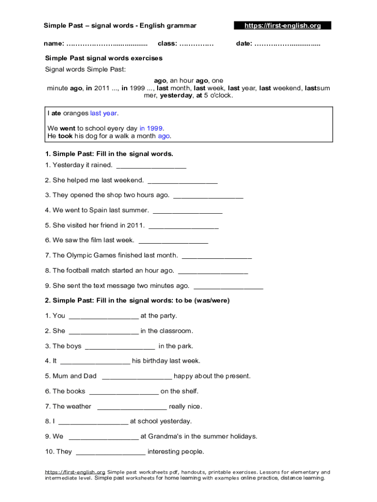 Fillable Online Simple Past worksheets - signal words - English grammar ...