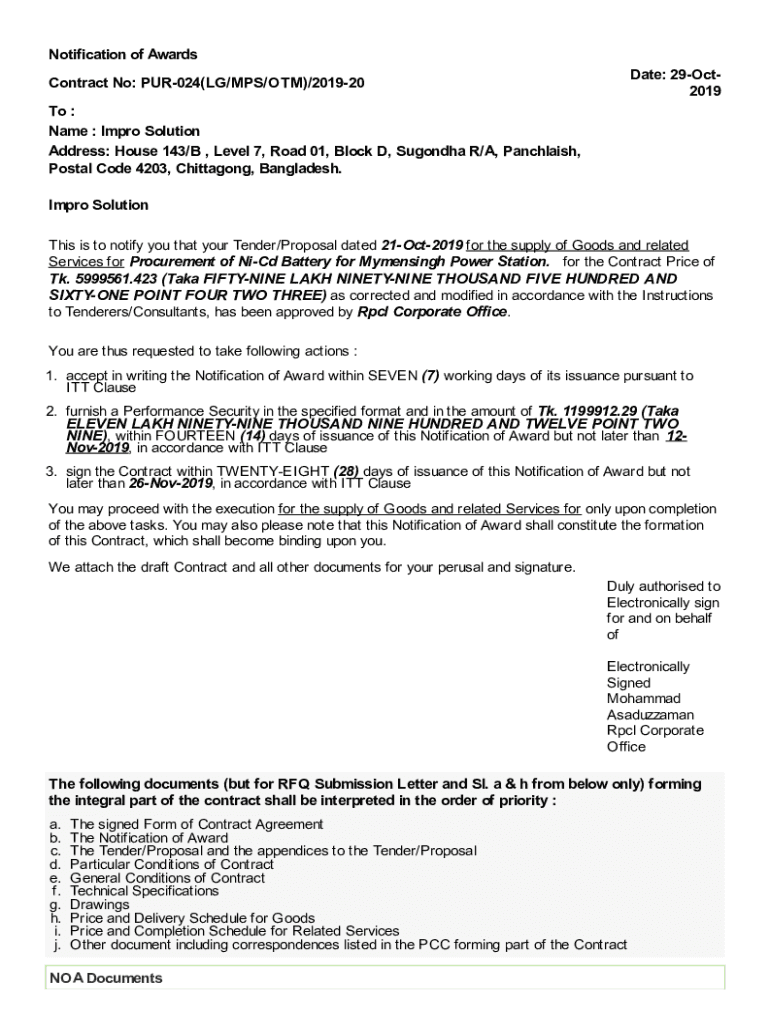 Fillable Online Notification Of Award (NOA) Fax Email Print - pdfFiller