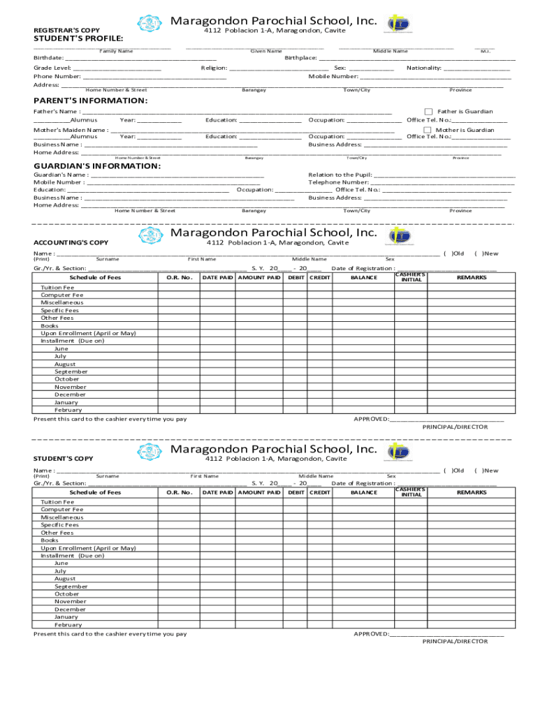 Fillable Online Maragondon Parochial School, Inc. Maragondon Parochial School ... Fax Email ...