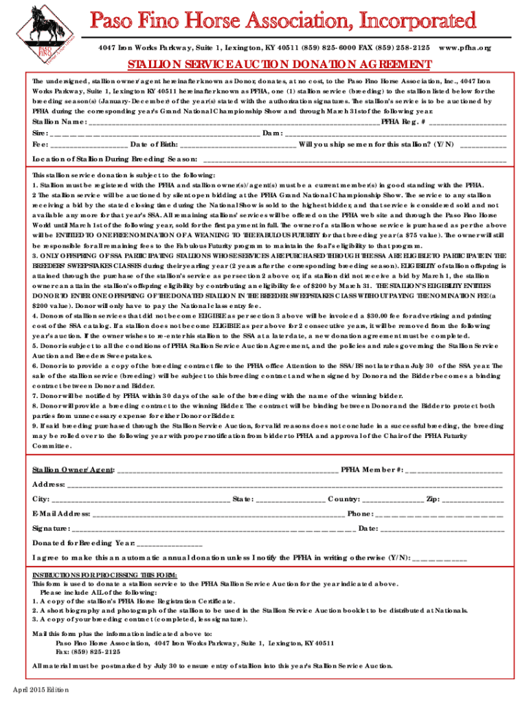 Fillable Online STALLION SERVICE AUCTION DONATION AGREEMENT Fax Email ...