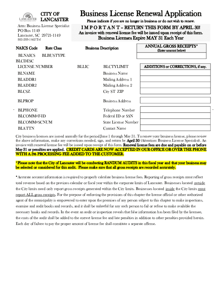 Fillable Online Business License Renewal ApplicationCity of Lancaster ...