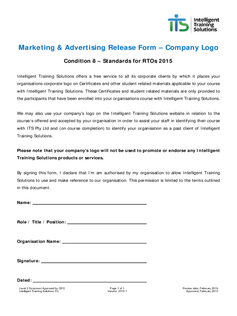 Fillable Online Marketing and Advertising Release Form - Company Logo ...