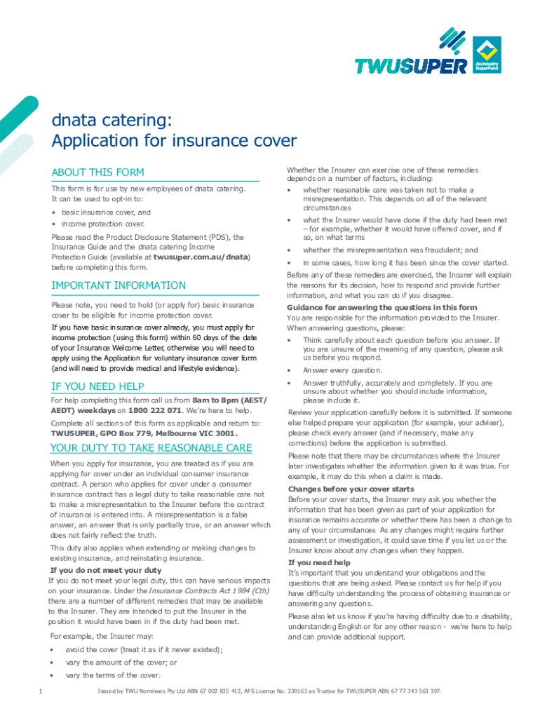 Fillable Online dnata catering: Application for insurance cover - TWUSUPER Fax Email Print ...