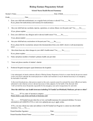 Fillable Online School Nurse Health Record Summary Fax Email Print ...