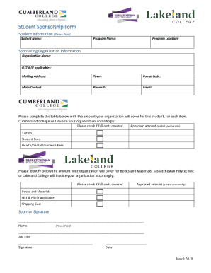 Fillable Online Student Sponsorship Form - Cumberland College Fax Email ...