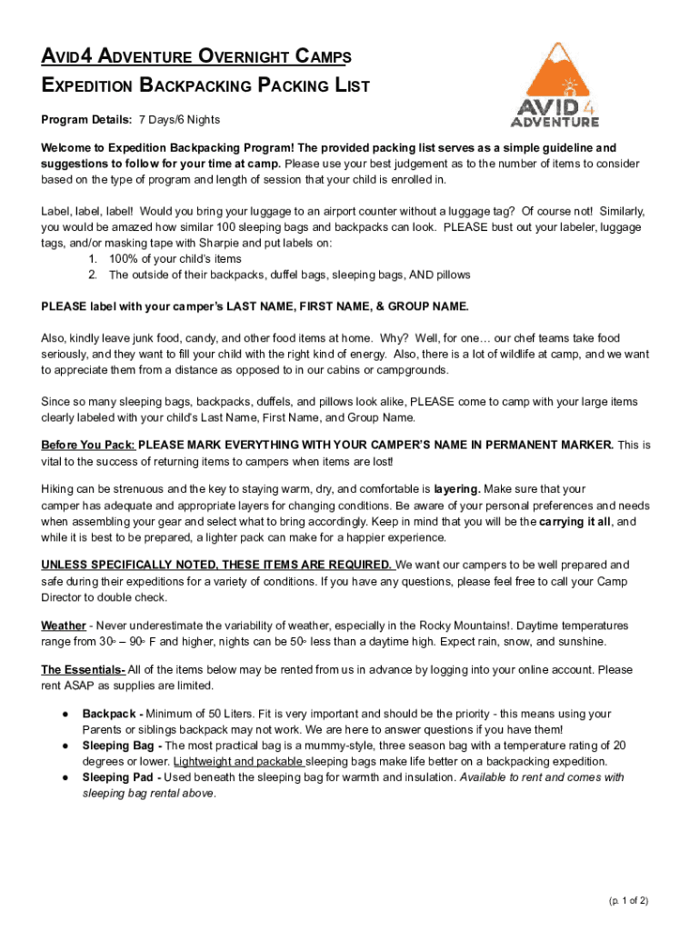 Fillable Online avid4 adventure overnight camps 7 th - 8 th grade ...