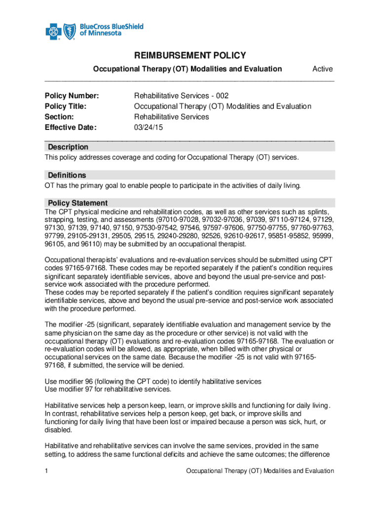 Fillable Online Outpatient Physical and Occupational Therapy Services ...