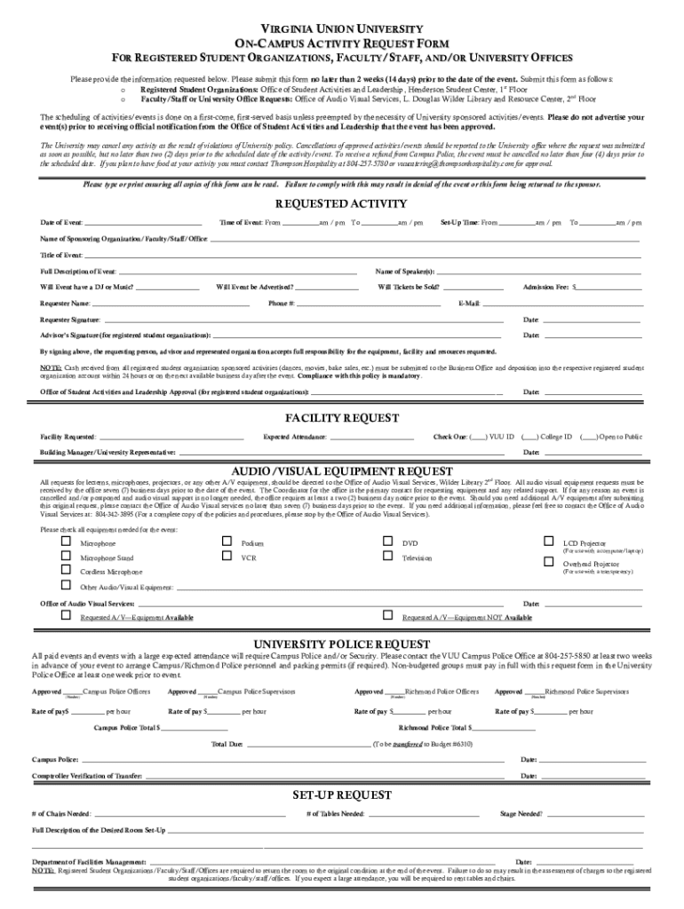 Fillable Online virginia union university off-campus activity request ...